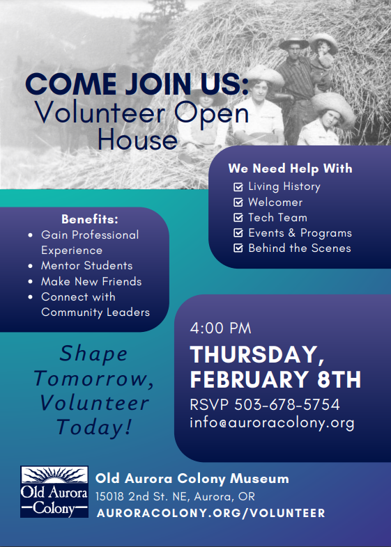 Volunteer OPEN HOUSE at the Old Aurora Colony Museum | Aurora Colony