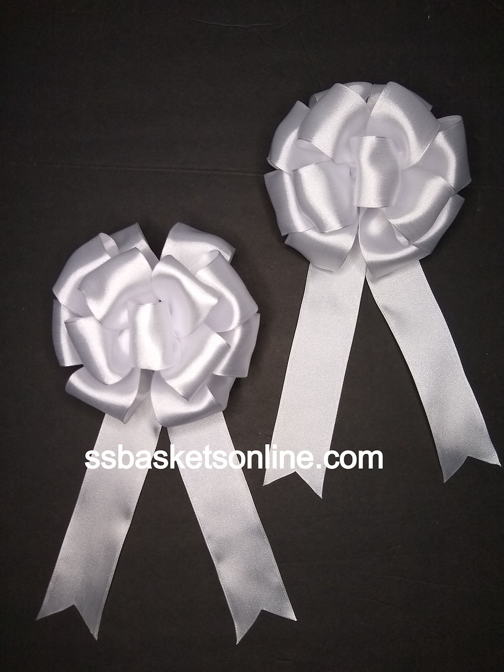 2 - White round ribbon bows w tails | ssbasketsonline.com