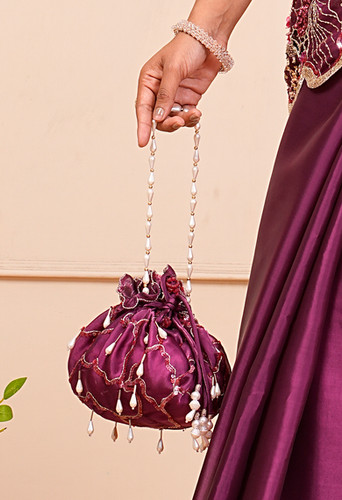 HAND EMBROIDERED RASPBERRY RADIANCE POTLI BAG WITH PEARL DROPES HANDLE ...