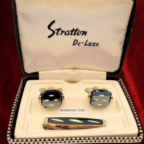 MIDCENTURY – Vintage STRATTON Gilt Hematite CUFFLINKS & TIE CLIP ...