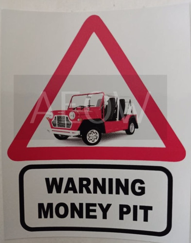 MOKE sticker, WARNING MONEY PIT (77 x 97 mm) | AEOW Parts & Repairs