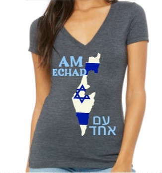 Am Echad / one nation V Neck Tshirt with Israel Map and flag ...
