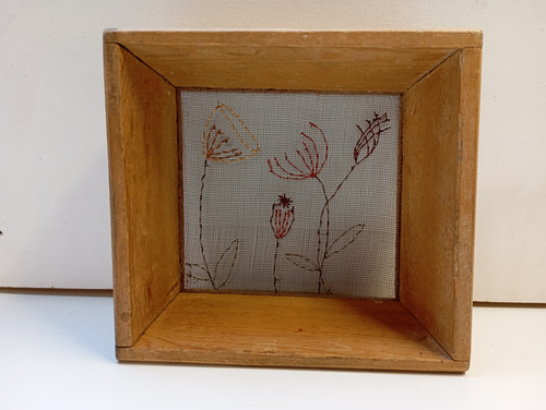 Autumn hand embroidered square vintage wooden sieve | Louise Goult Textile
