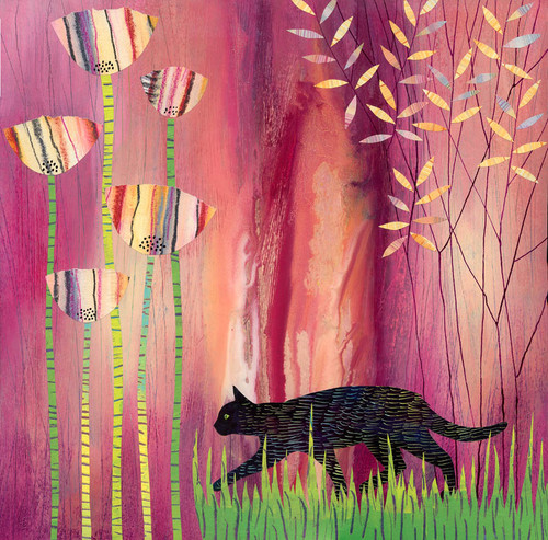 Black Cat painting with collage in pink and lime green | Rebecca Vincent