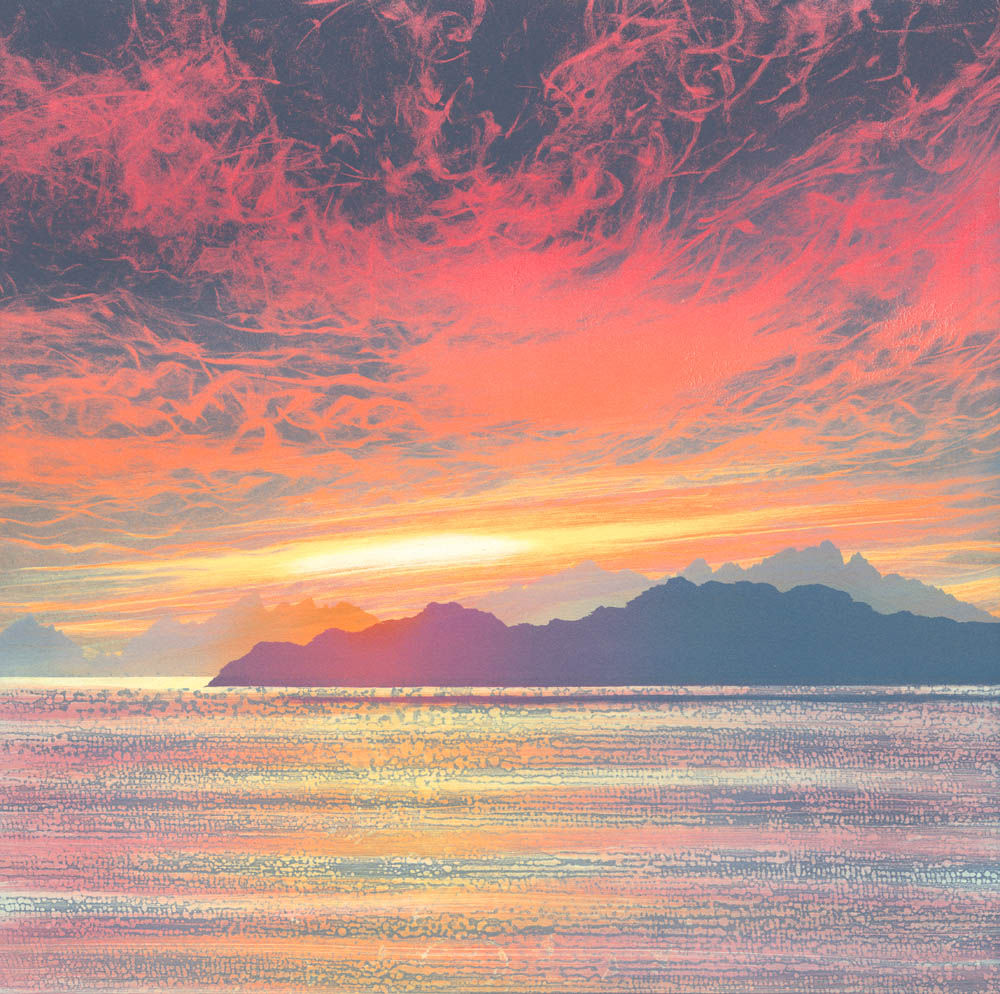 On tranquil seas | sunset sunrise seas original monotype paintings