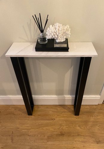 Marble effect console table on black box frame legs | Saddleworth Interior
