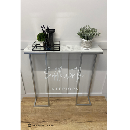 Marble effect console table on silver L frame legs | Saddleworth Interior
