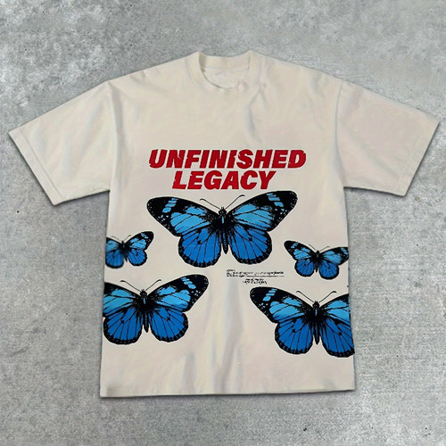 Y2K-Inspired "UNFINISHED LEGACY" Blue Butterfly Print Graphic T-Shirt ...