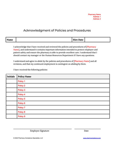 Employee Acknowledgement Form | PharmCompliance