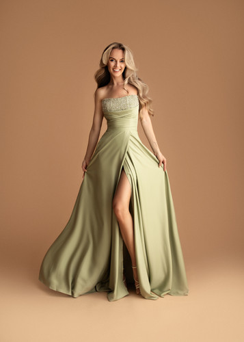 ISABELLE l Longue robe en satin fendue vert olive | La Boutique TONIC