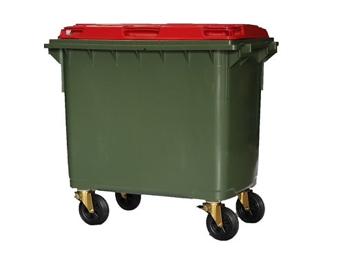 660L wheelie bin- yellow-red-lid-4 wheel bin