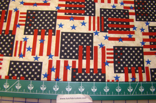 Patriotic Flags Stars Antique Cream | Kats FABRIC Store