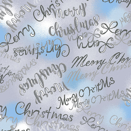 FQ Blue Holiday Christmas Words Metallic | Kat's Fabric Store