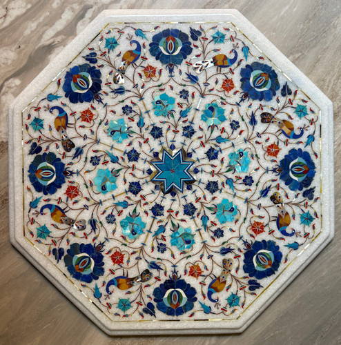 Handcrafted White Marble Tabletop – Exquisite Blue Floral & Peacock ...