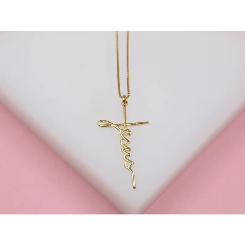 18K Gold Filled Cross Cursive Jesus Necklace | Charlie Rose Studio