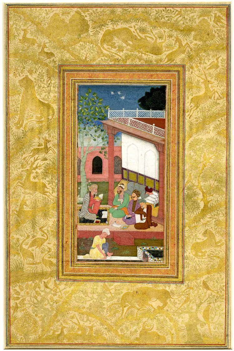 A Mulla kneeling with an open book rested against his knee expounding ...