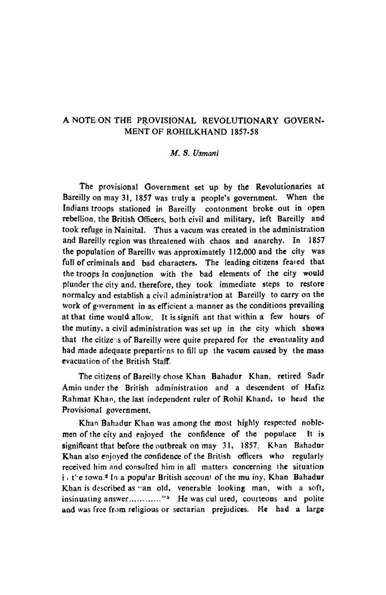 A NOTE ON THE PROVISIONAL REVOLUTIONARY GOVERNMENT OF ROHILKHAND 1857-58