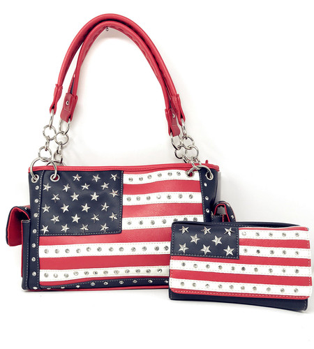 American/Texas Flag Rhinestone Women Leather Concealed Handbag Purse ...