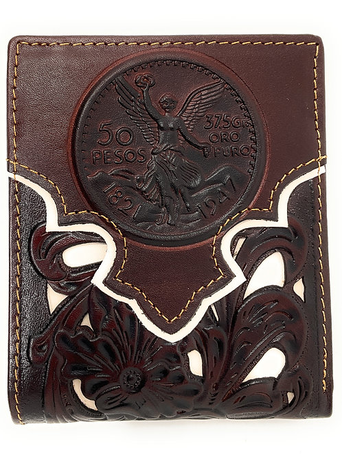 Western Men's Leather Floral Laser Cut Mexican 50 Pesos Short Wallet in ...