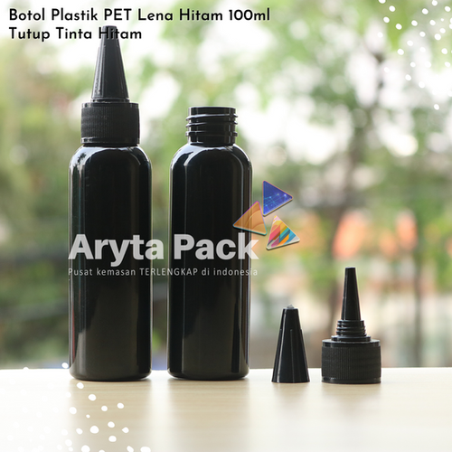 Botol plastik PET 100ml lena hitam tutup tinta warna warni