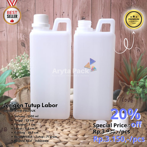 Botol HDPE jerigen kotak 1Liter dengan plug dan tutup segel | aryta