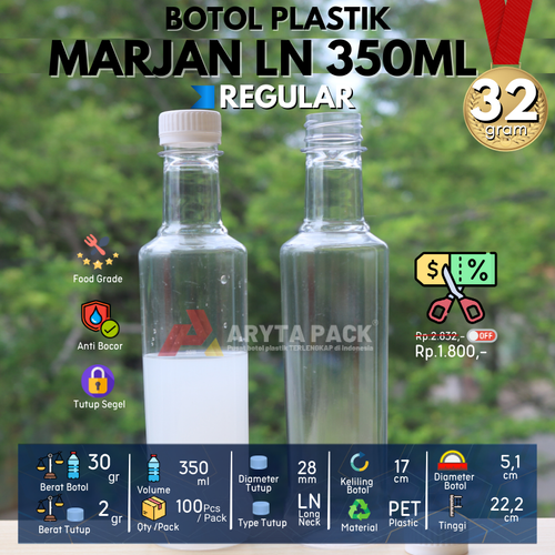 Jual botol plastik minuman 350ml marjan kecil tutup putih | aryta
