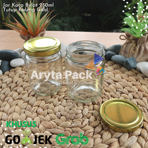 JAR KACA BULAT 250ML MG TUTUP KALENG GOLD | aryta