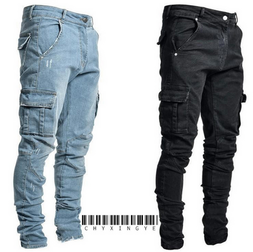 Jean Cargo Homme Multi-Poches Denim Délavé Taille Moyenne