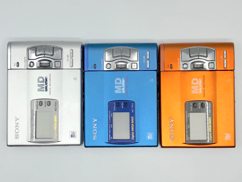 Sony MZ-R50 MiniDisc Recorders in Blue, Silver and Orange