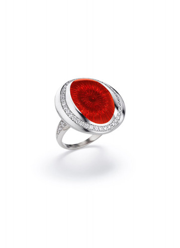 Ellipse 18ct White Gold, Diamond and Red Enamel Ring | House of Benney