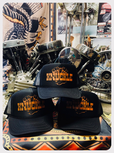 KNUCKLEHEAD ENGINE Black & Orange trucker hats | killscumspeedcult
