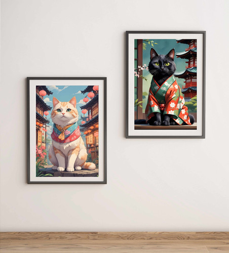 Makkuro and Kitaro - Lucky Cat Japanese Print Set of 2 | Uki Uki