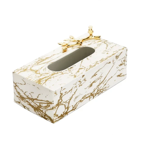 White & Gold Marble Tissue Box Cover w/ Gold Leaf Design ...