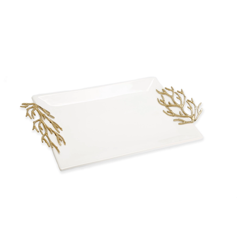 White Ceramic Tray w/ Gold Coral Design Handles | DarlingDiamondDecor