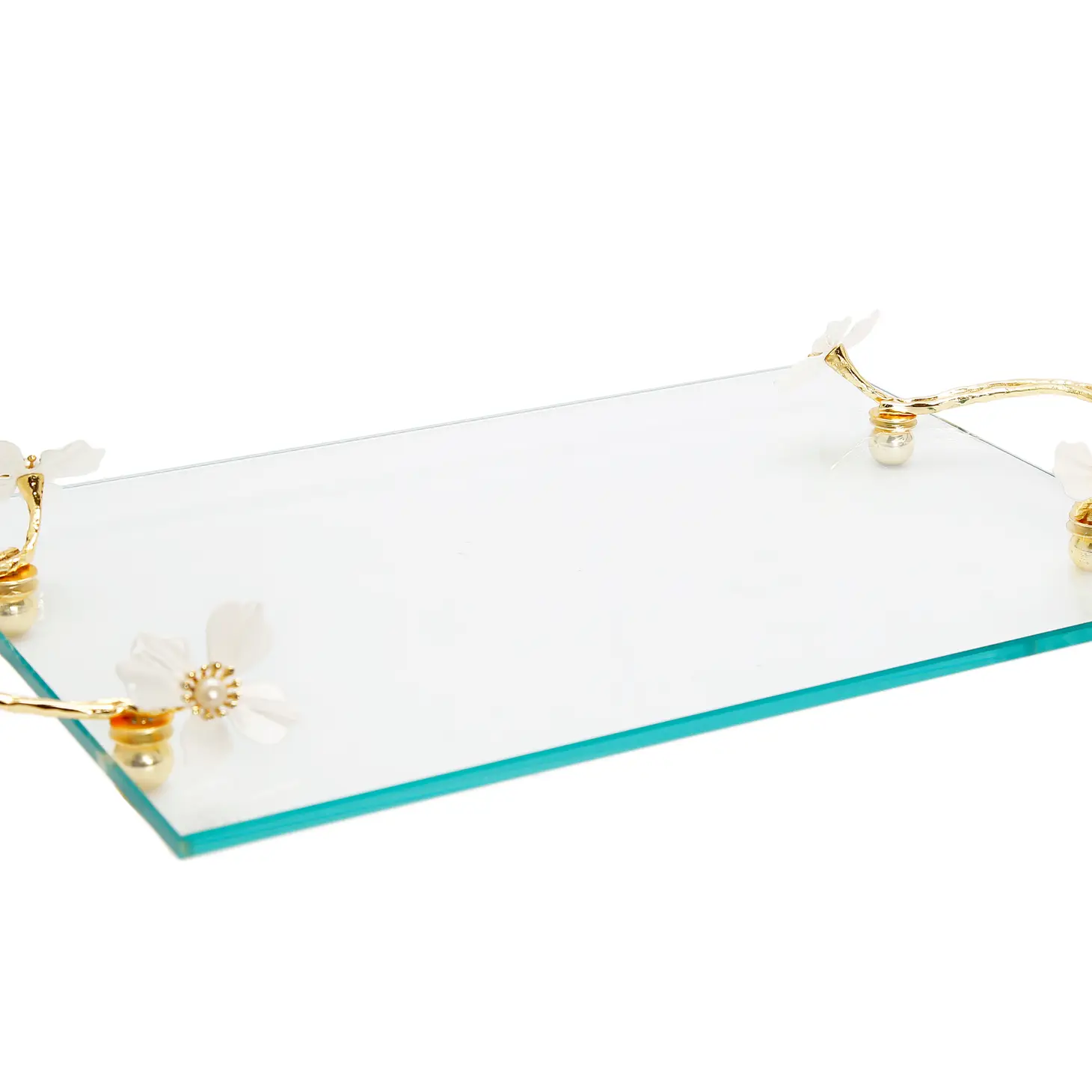 Glass Tray w/ Jeweled Flower Handles | DarlingDiamondDecor