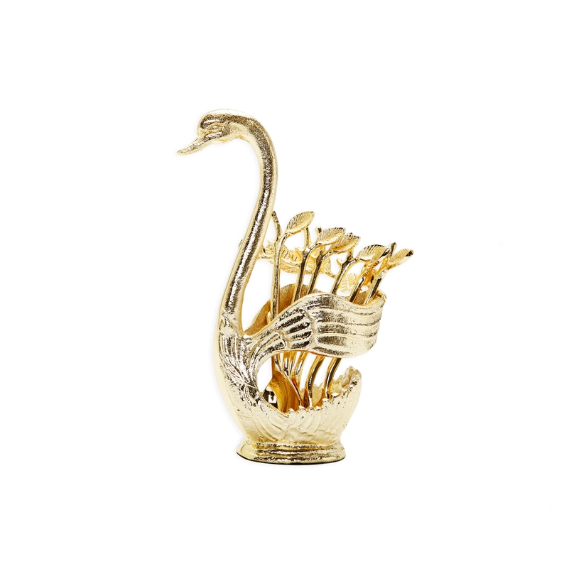 Gold Swan Spoon Holder w/ 6 Tea Spoons | DarlingDiamondDecor