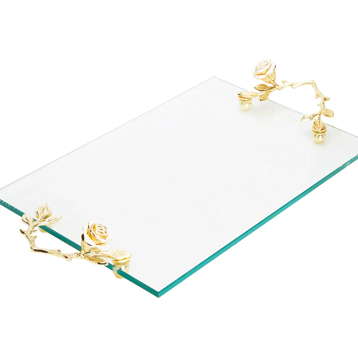Glass Tray w/ White & Gold Rose Handles | DarlingDiamondDecor