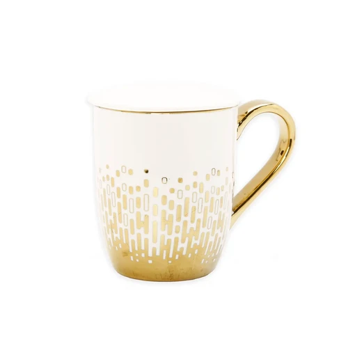 White & Gold Design Mug w/ Gold Handle & White Lid | DarlingDiamondDecor