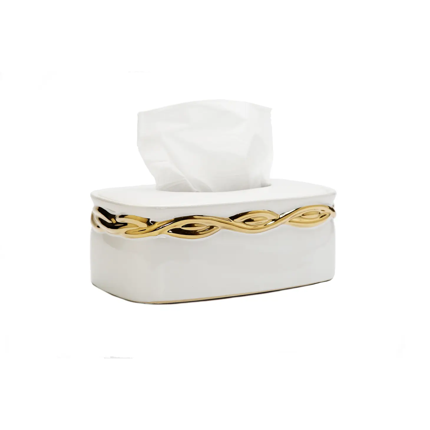 White Ceramic Tissue Box Cover w/ Elegant Gold Design | DarlingDiamondDecor
