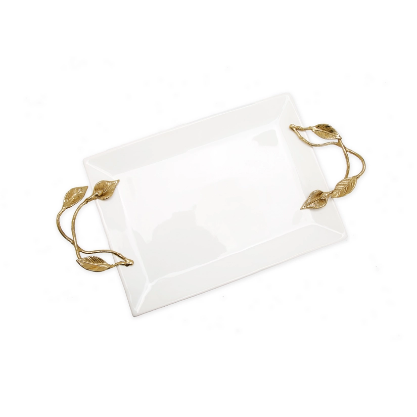 White Ceramic Tray w/ Gold Leaf Handles | DarlingDiamondDecor
