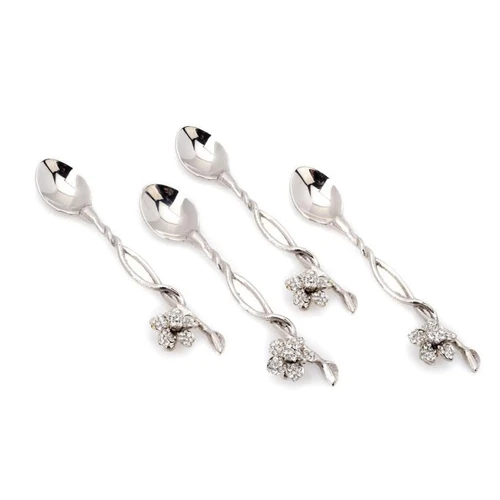 Silver Jeweled Flower Handle Spoons (Set of 4) | DarlingDiamondDecor