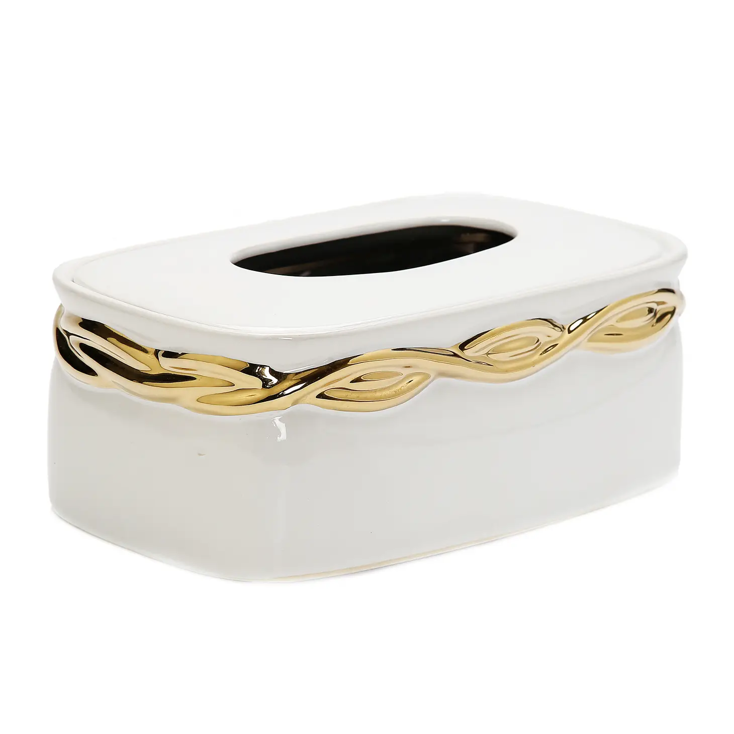White Ceramic Tissue Box Cover w/ Elegant Gold Design | DarlingDiamondDecor