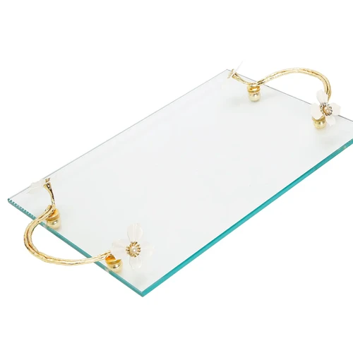 Glass Tray w/ Jeweled Flower Handles | DarlingDiamondDecor
