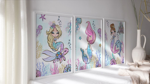 Mermaid Themed Nursery Posters Wall Art Set | Gifted Box