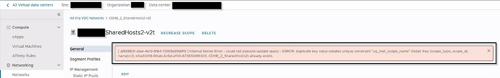 Can't update vCD Network due to the error duplicate key value Can't update vCD Network due to the error duplicate key value