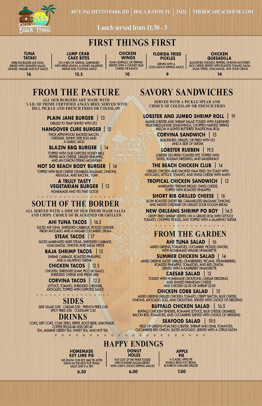 Menu | Boca Beach house | Boca Raton