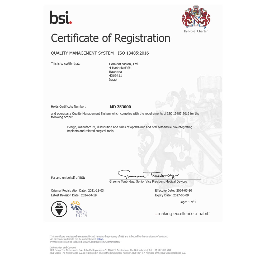 ISO 13485 Certificate | CorNeat 2025