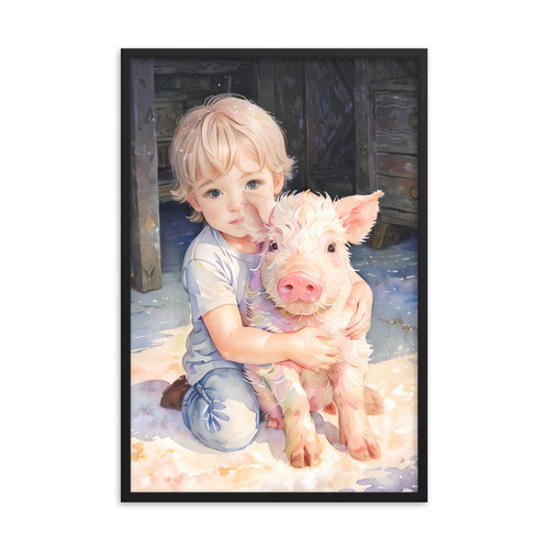 Boy Hugging Pig Framed Print | Lunasol Designs
