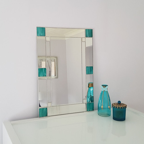 Art Deco Teal/Cream Mirror - Stained Glass Hand Crafted Rectangular ...