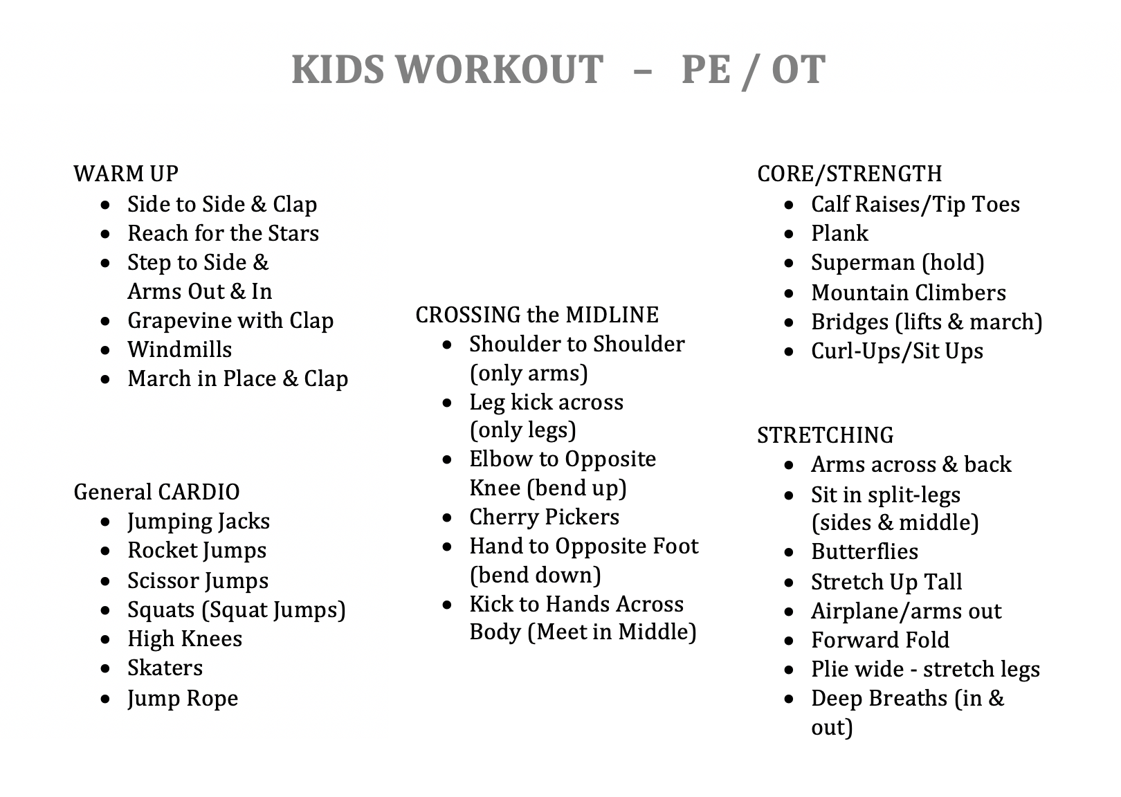 Kids' Workout - "PE" / OT